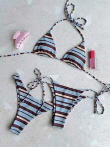 Women's Elegant Blue-Brown Color-Block Swimsuit Set, Ideal For Spring ...