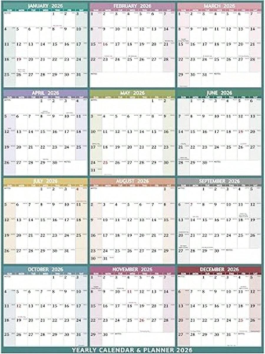 Yearly Wall Calendar 2026 - Large Yearly Calendar 2026 Vertical, Jan ...