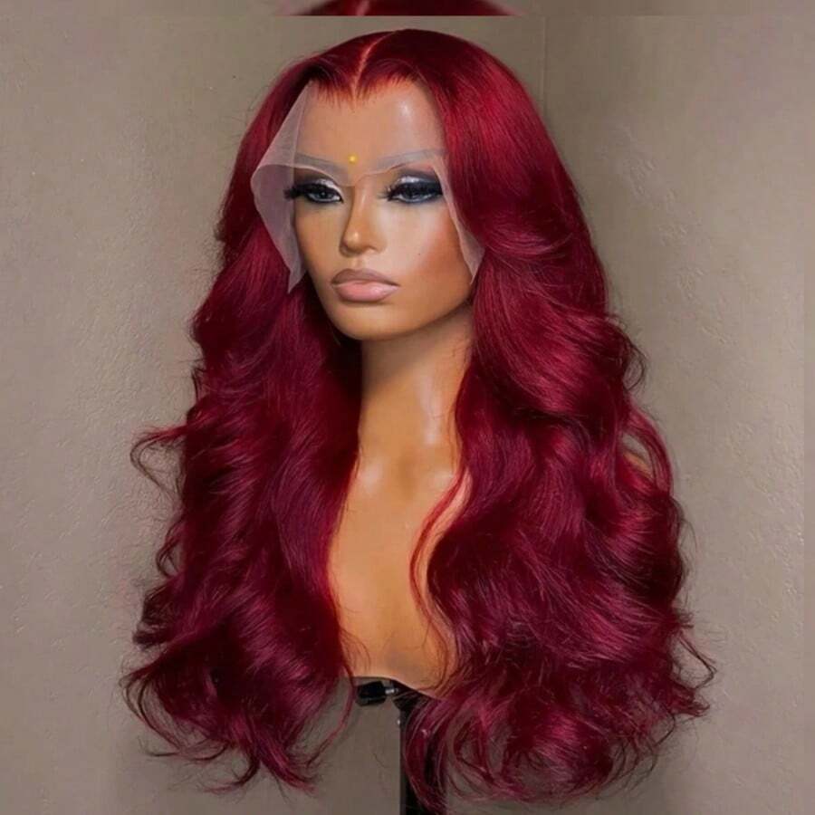 34 Inch 99J Bordeaux Red Wavy 200% Density 13x4 HD Lace Front Wig, High ...