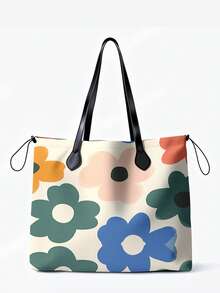 Floral Pattern Tote Bag With Cosmetic Bag, Suitable For Shopping ...