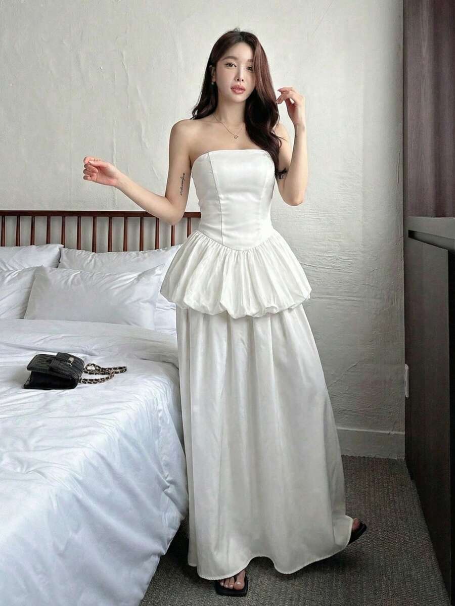 [Y6Y]White Bandeau Floral Bud Top Paired With A-Line High-Waisted Flowy ...