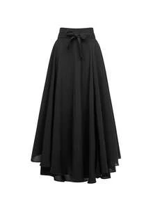 2026 Black High-Waist A-Line Midi Skirt With Front Slit And Tie Waist ...