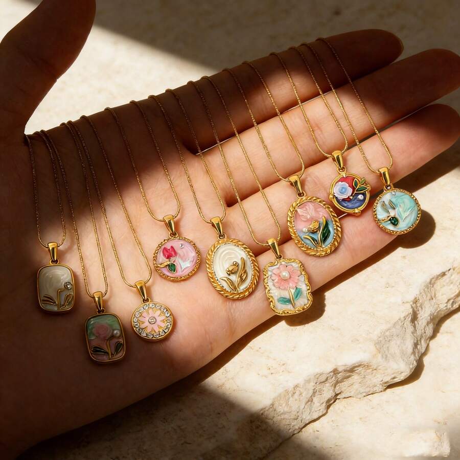 Stainless Steel Enamel Colorful Flower Pendant Necklace, Gold Chain ...