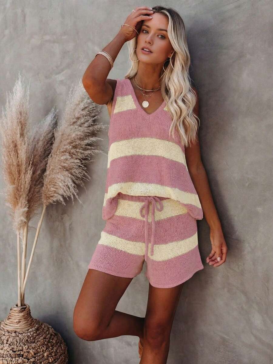 Senya Women's V-Neck Striped Contrast Ribbed Knit Tank Top And Shorts ...