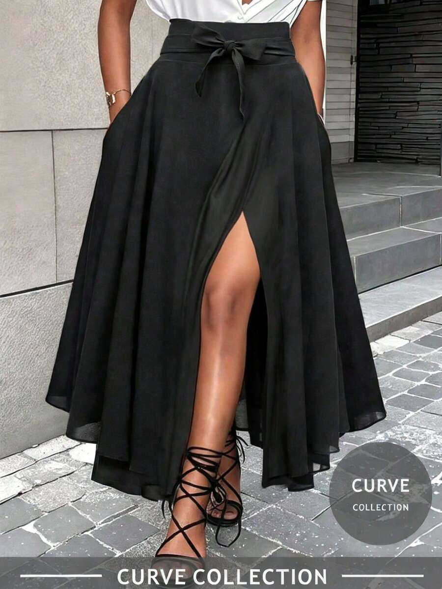 2026 Black High-Waist A-Line Midi Skirt With Front Slit And Tie Waist ...