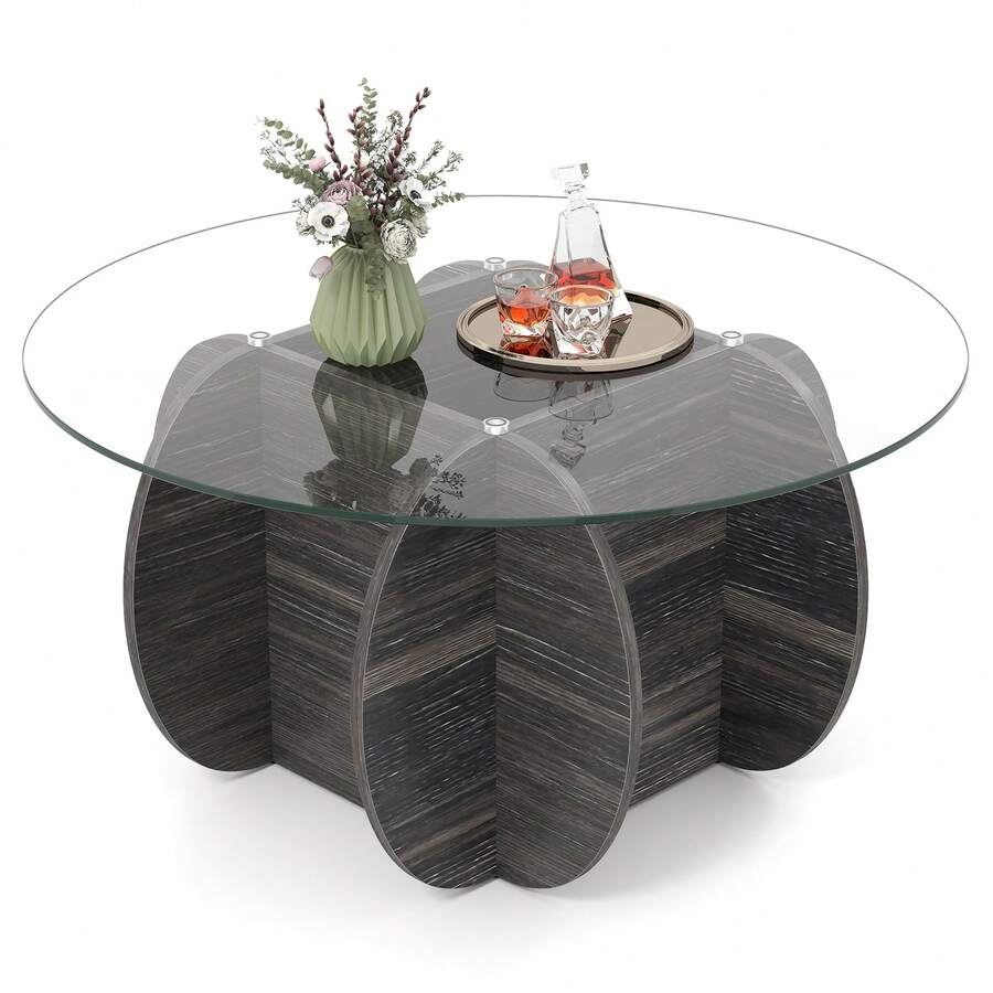COSTWAY 35" Round Coffee Table, Modern Accent Table With Tempered Glass ...