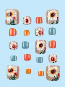 24pcs Rectangular Floral Pattern Press-On Nail Tips, Includes 1pc Jelly ...