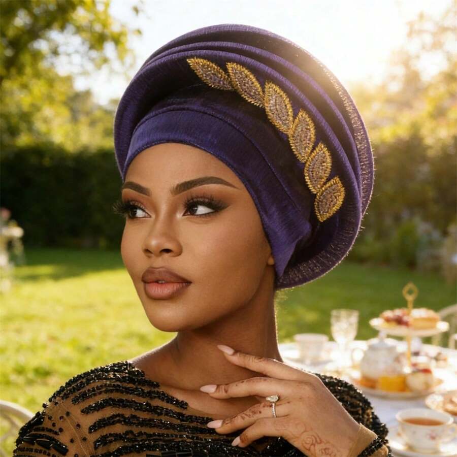 Women African Hat, Elegant Pleated Leaves Turban Hat Head Wrap Fashion ...