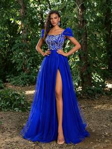 Faeriesty Elegant Square Neck Formal Gown With Tulle Overlay And Puffed ...