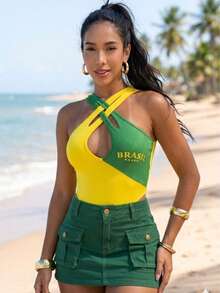 Body Feminino Brasil Amarelo e Verde Decote Cruzado Tecido Suplex ...