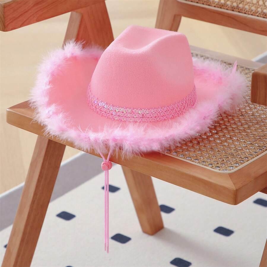 Pink Cowboy Hats Feather Brim Cowgirl Hat For Women Girls Cowboy ...