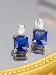 1 Pair S925 Silver Blue Sapphire Square Diamond Earrings, Luxurious ...