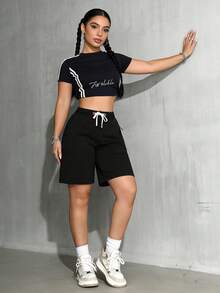 Women's Sports Bermuda Shorts, Elastic Waist With Drawstring Design ...