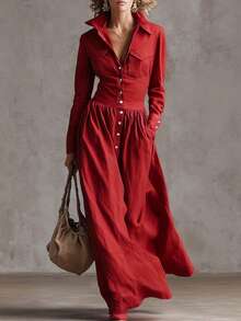Red Retro Waist-Cinched Shirt Dress, Long Sleeve Button-Down Maxi Dress ...