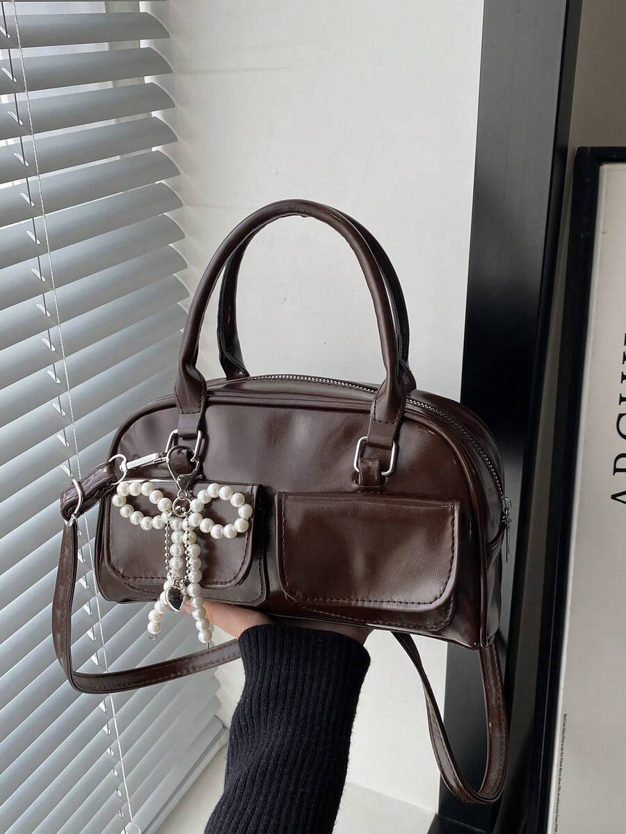 1pc Women's Black Solid Color Bow PU Crossbody Handbag, New Sweet ...