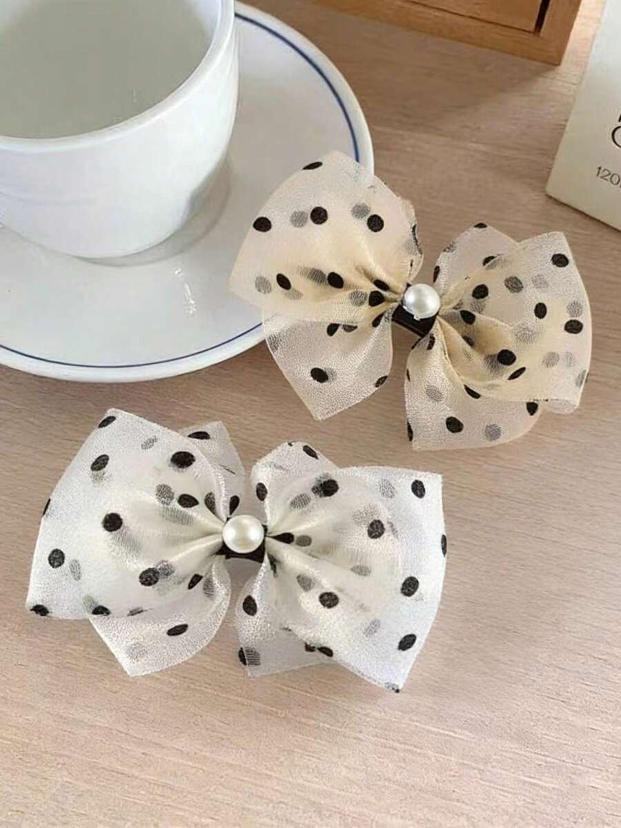 2pcs/Set Polka Dot Mesh Bow Hair Clips, Fashion Versatile Pearl Decor ...