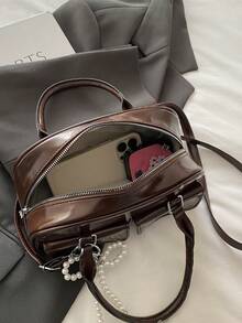1pc Women's Black Solid Color Bow PU Crossbody Handbag, New Sweet ...
