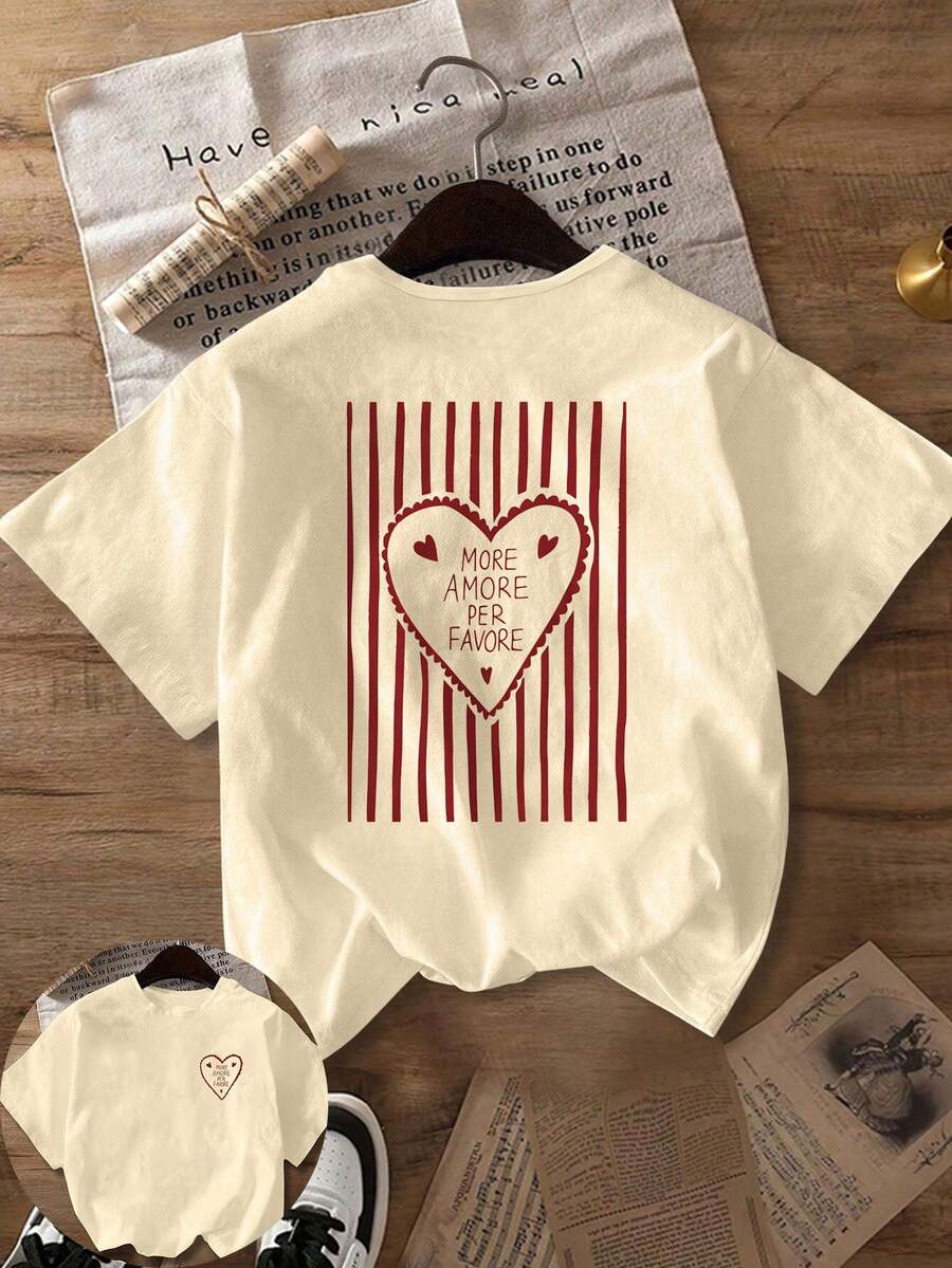 Women's Daily Brown Vertical Striped Double-Layer Heart Pattern T-Shirt ...