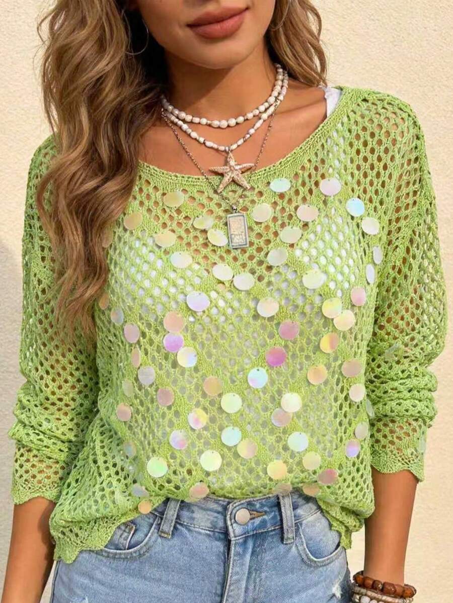 Women's Summer Bohemian Crochet Top - Green Long Sleeve Openwork ...