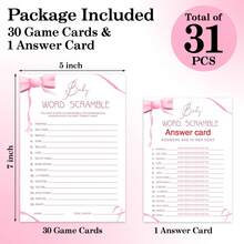Pink Bow Baby Shower Word Scramble Game Cards For Girls, 30 Double ...