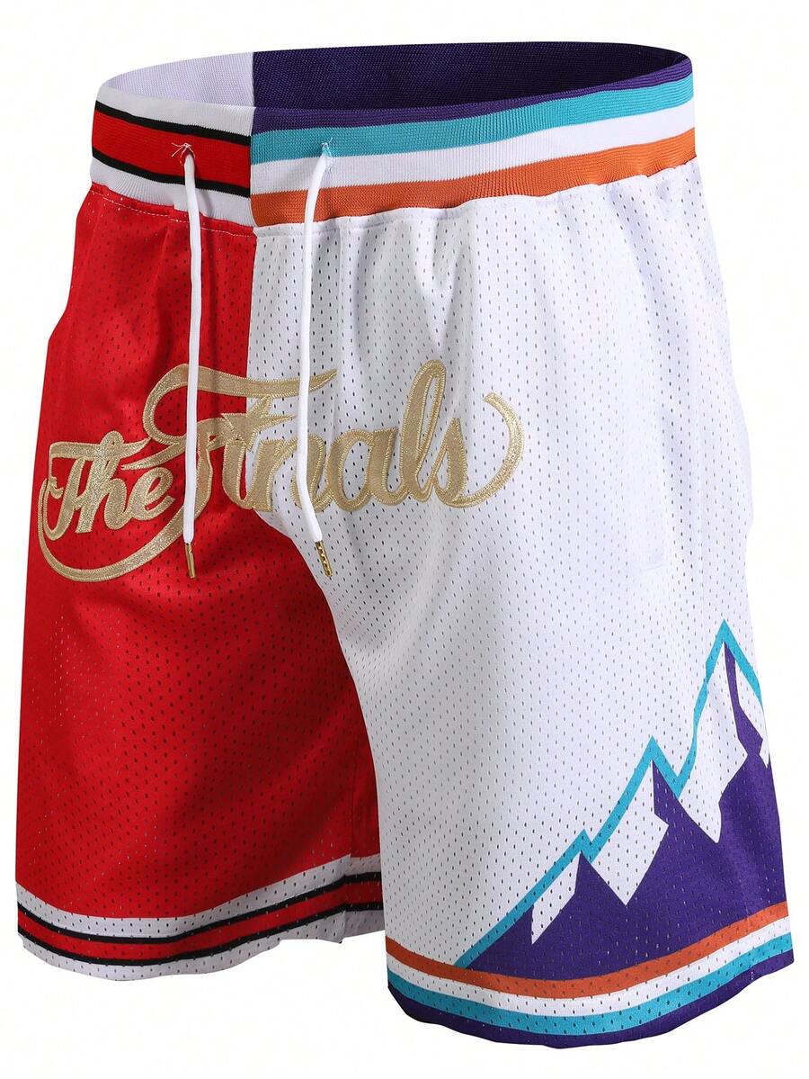 Men's Red & White Basketball Shorts, Casual Embroidered Zip Pocket ...