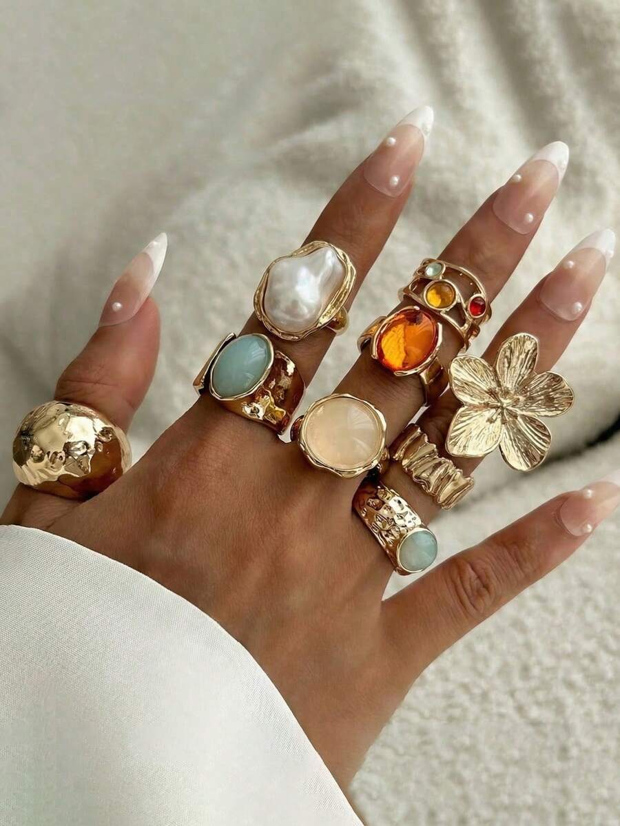 9pcs/Set Vintage Asymmetrical Liquid Lava Ring Set, Exaggerated Daisy ...