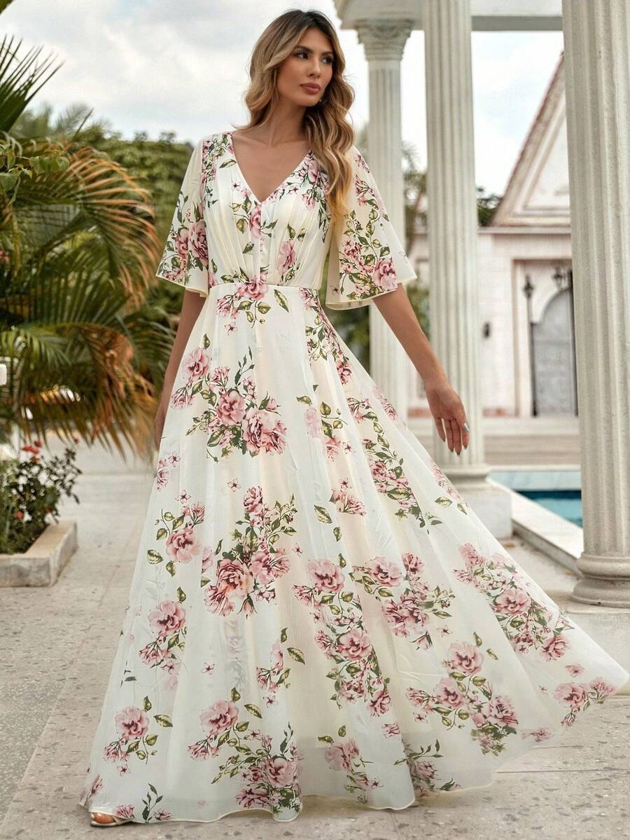 UNITHORSE [Random Cut] Women V-Neck Floral Full-Body A-Line Graduation ...