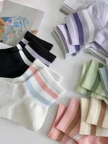 1/3/6/8 Pairs Women Short Socks, Colorful Cute Striped Sports & Casual ...