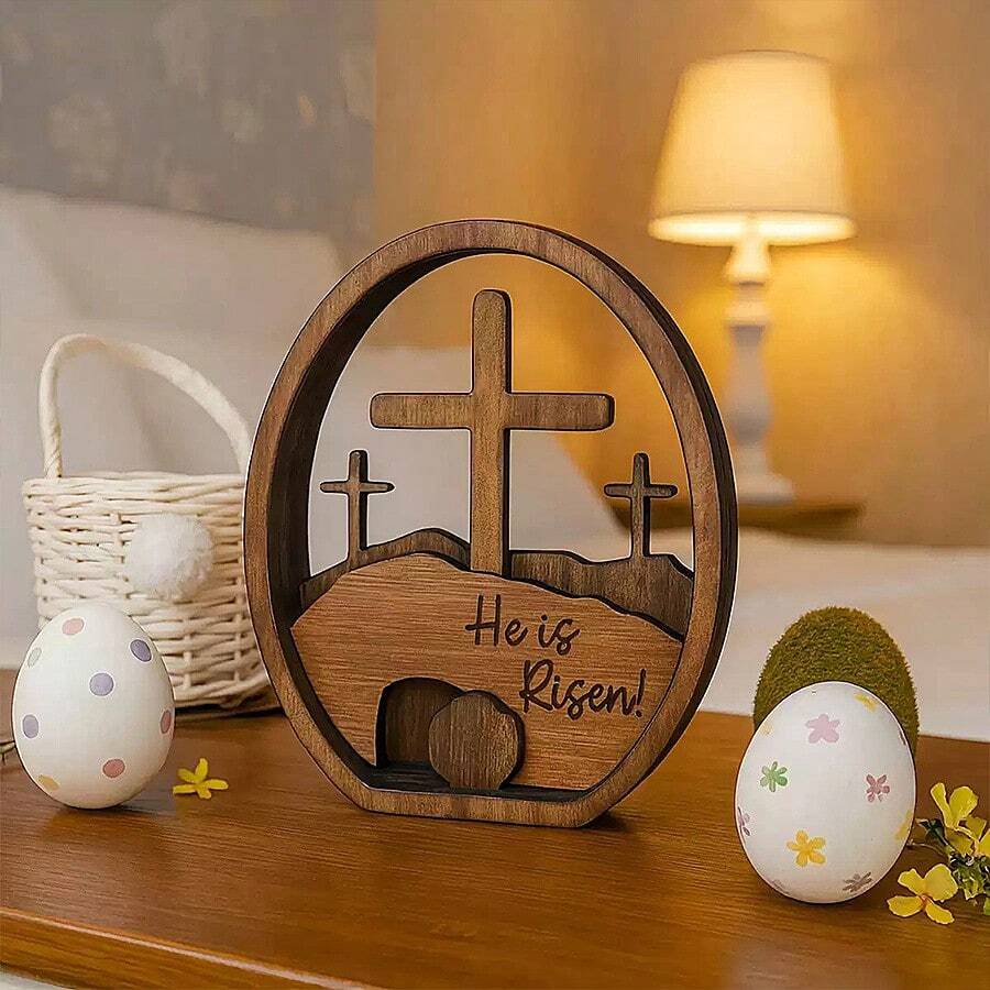 3D Wooden Decoration With "He Is Risen!" Carving, Featuring Cute Rabbit ...