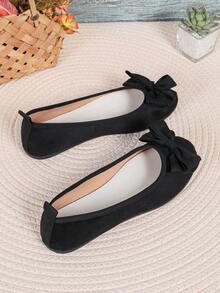 1 Pair Cream White Girls' Flat Slip-On Shoes, Solid Color PU Bow Decor ...