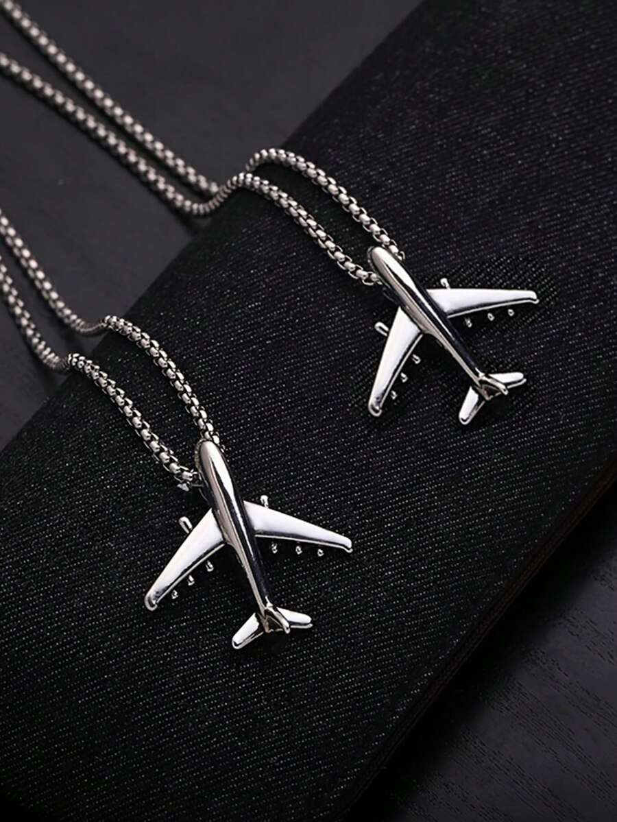 2pcs Minimalist Airplane Charm Necklace, Metallic Gold Black Silver ...