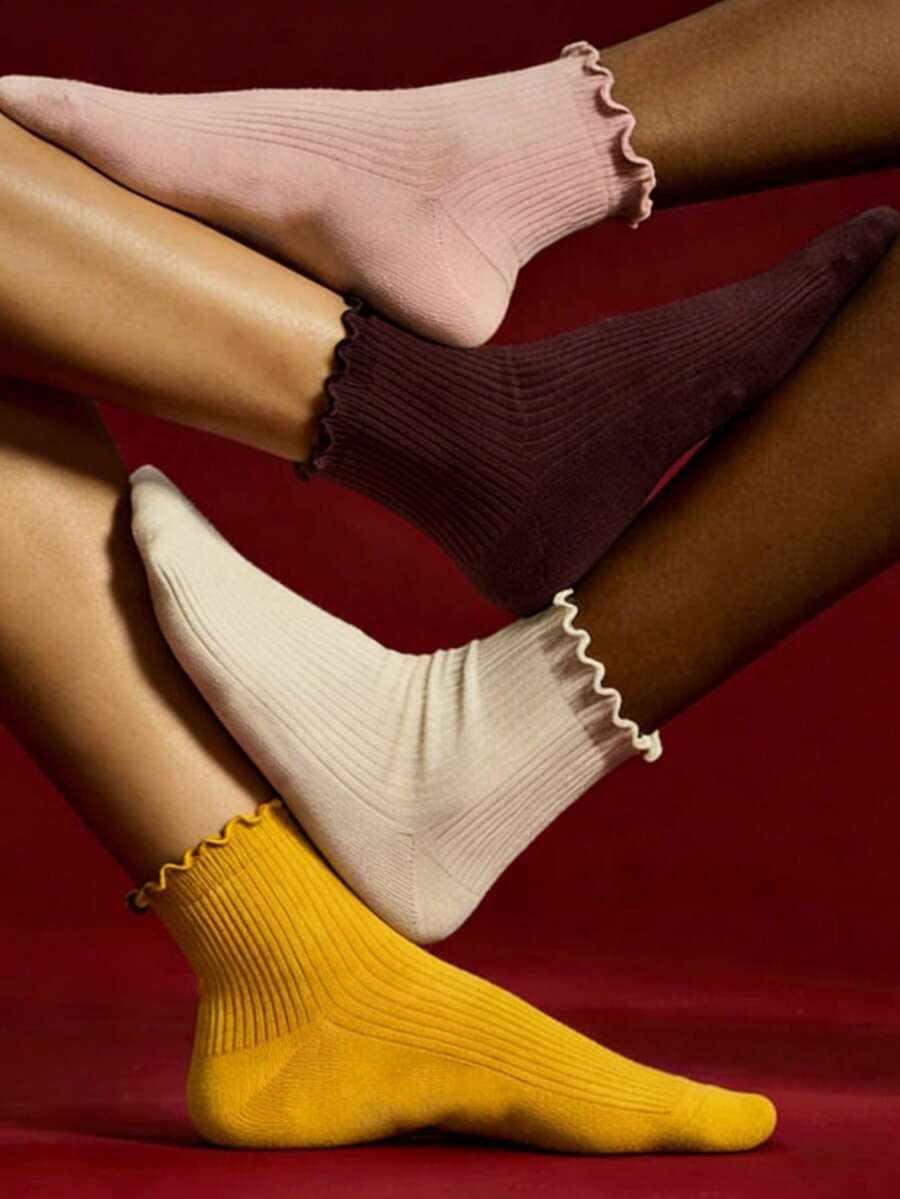 4 Pairs Women's Classic Solid Color Ruffle Edge Versatile Pure Cotton ...