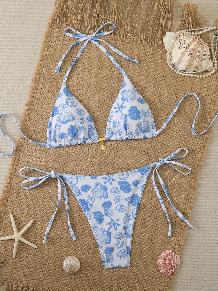 Conjunto de Maiô Bikini Casual de Conchas para Férias na Praia Feminino ...