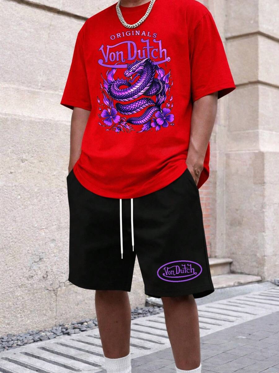 2pcs Men Creative Short Sleeve Print T-Shirt & Shorts Set Purple Dragon ...