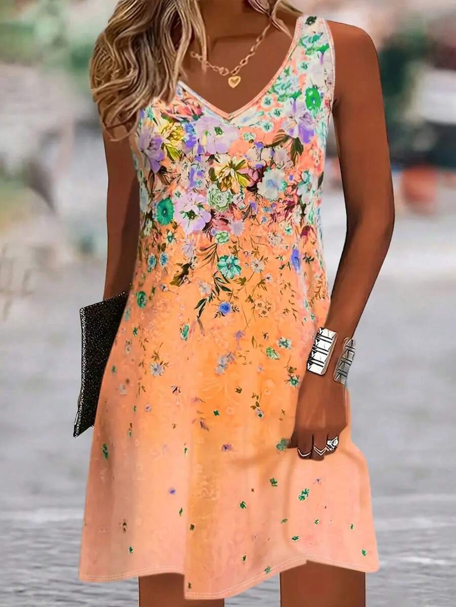 Plus Size Women's Fashion High-Quality Floral Print V-Neck Sleeveless ...