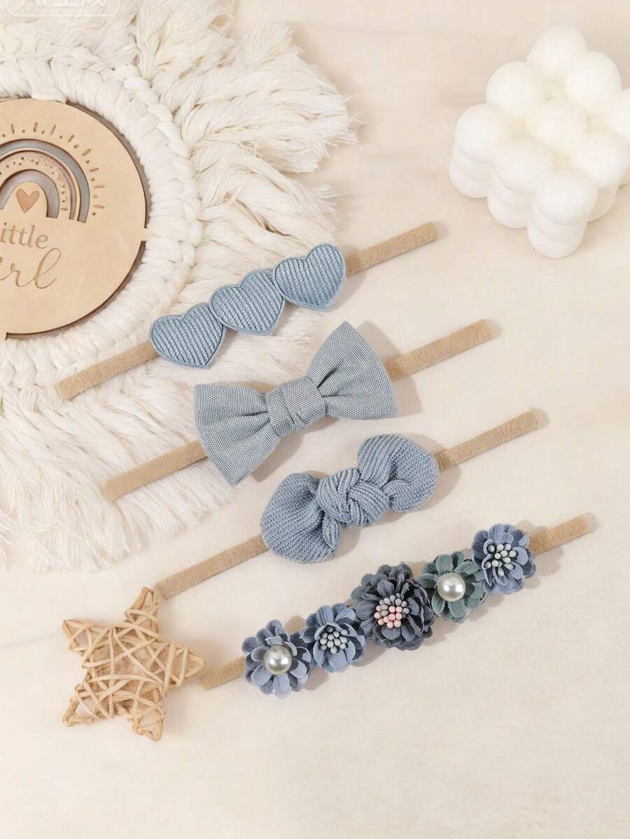 4pcs/Set Blue Floral Bow Baby Headbands, Cute Corduroy Heart Elastic ...