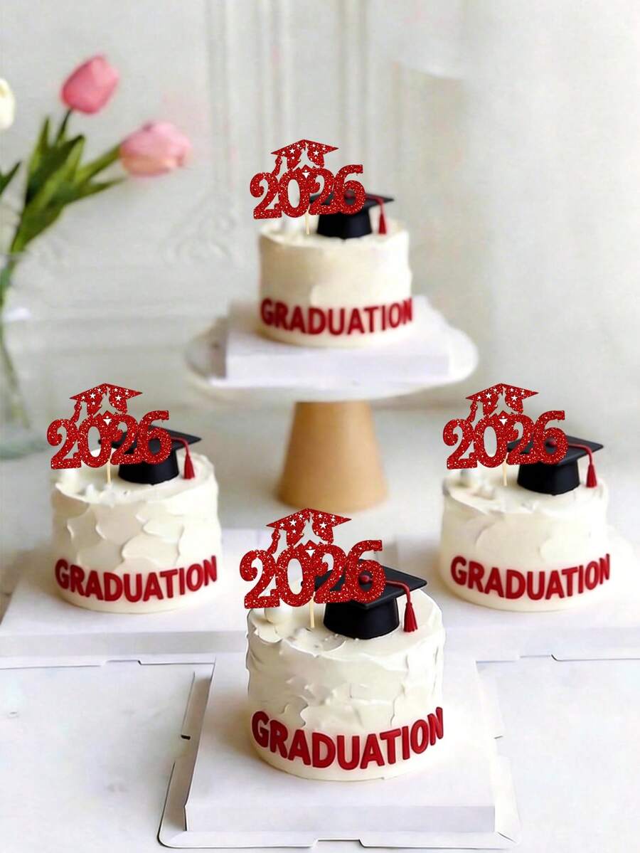 24pcs 2026 Graduation Cake Decorations | Red Glitter 2026 Graduation ...