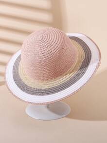 1pc Handwoven Straw Hat, Wide Brim Striped Breathable Sun Protection ...