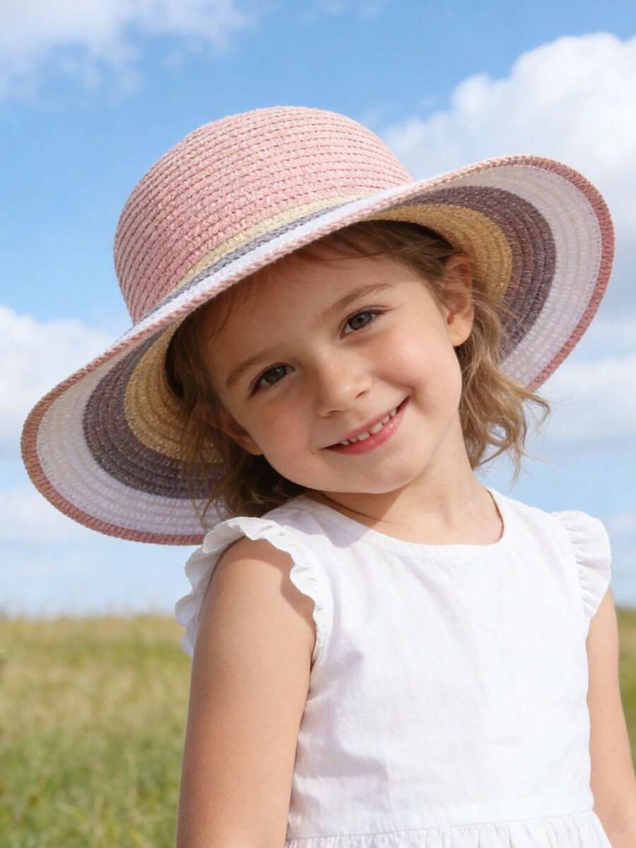 1pc Handwoven Straw Hat, Wide Brim Striped Breathable Sun Protection ...