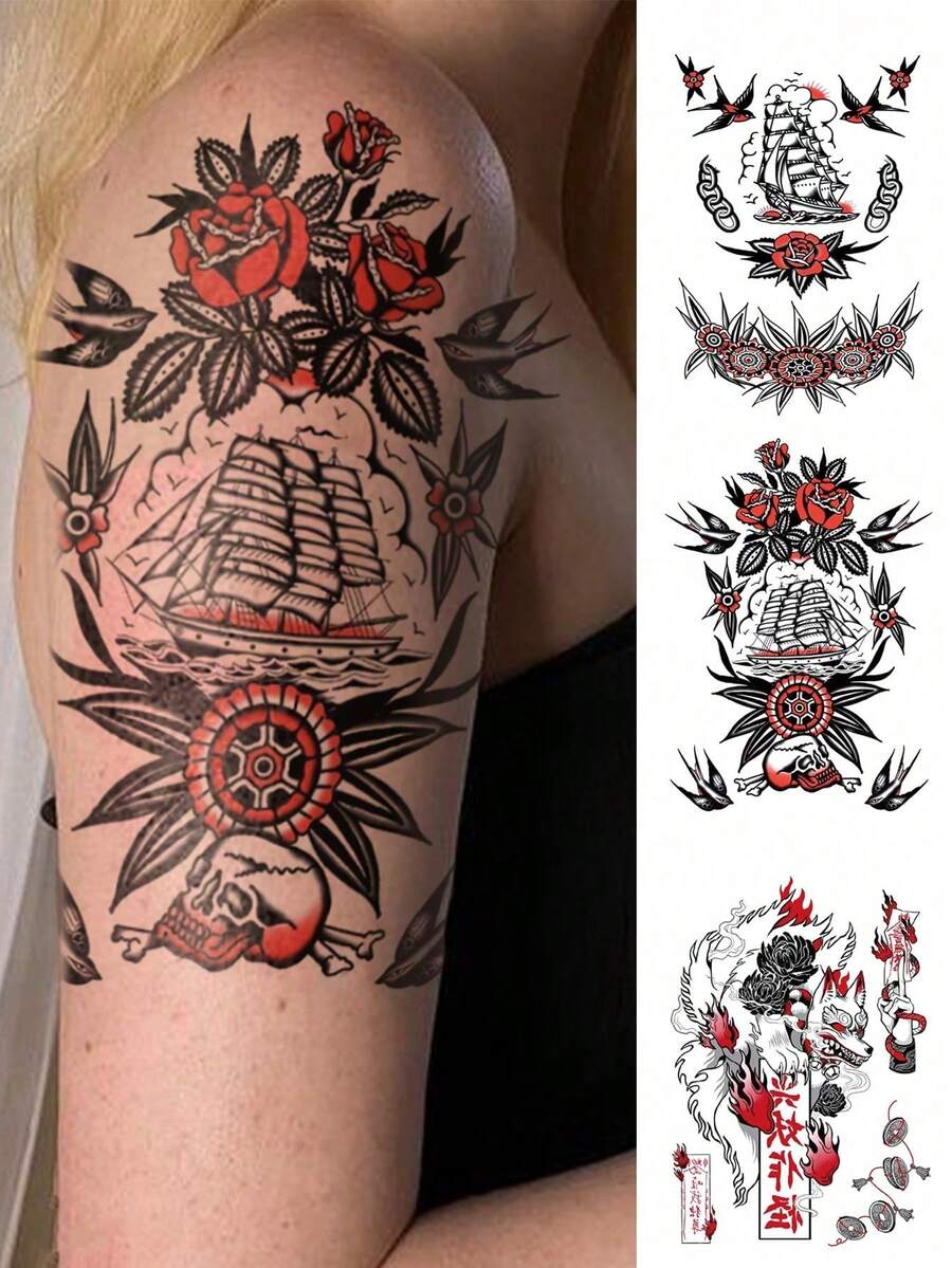 3 Sheets Big Size Temporary Tattoo Stickers, Unisex,Dark Style Skulls ...