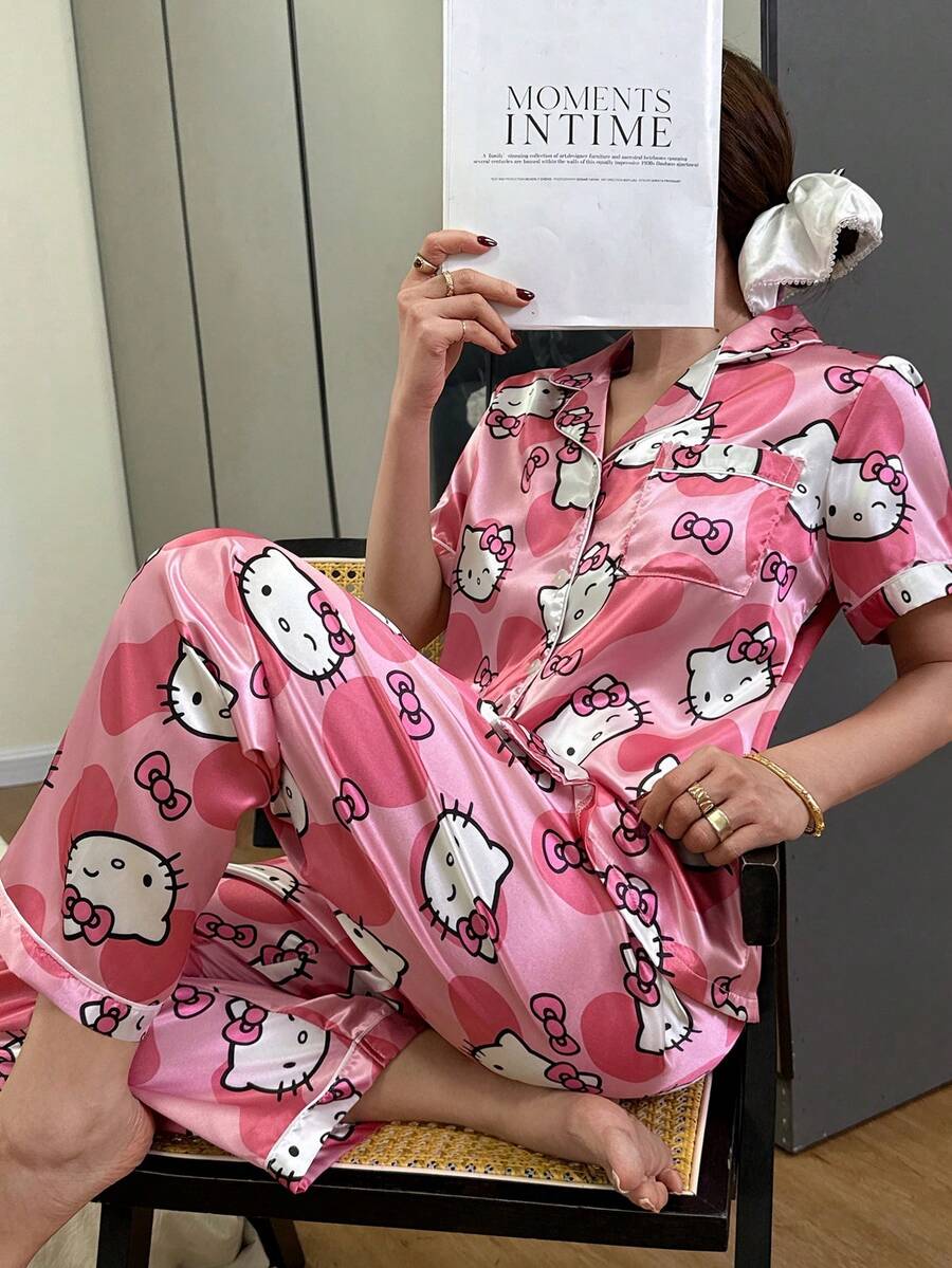 SANRIO Women's Silk Pajama Set, Short Sleeve Button Front Lapel Bow ...