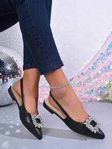 Black, Beige, Red Pointed Toe Rhinestone Square Buckle Backless Flat ...