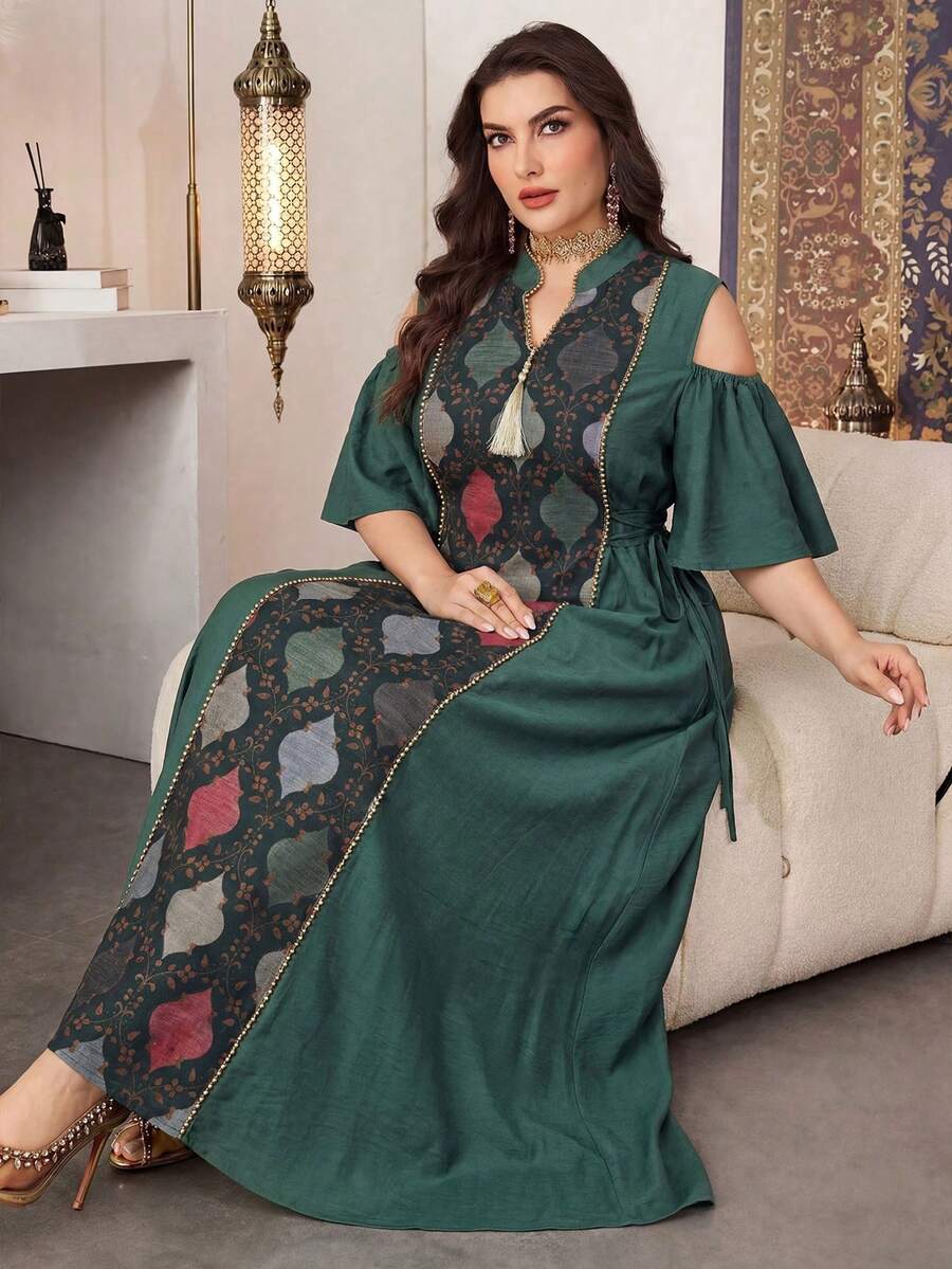 Women's Plus Size Arabic Dress, V-Neck Off-Shoulder Short Sleeve Long ...