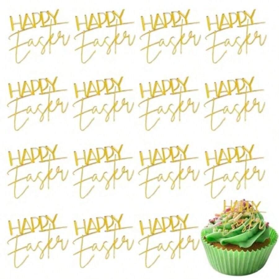 Happy Easter Cupcake Decoration 15 Pcs Gold Acrylic Cake Topper Dessert ...