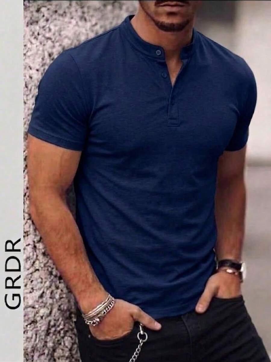 GRDR Men's Classic Solid Color Henley Neck Short Sleeve Shirt, Casual ...