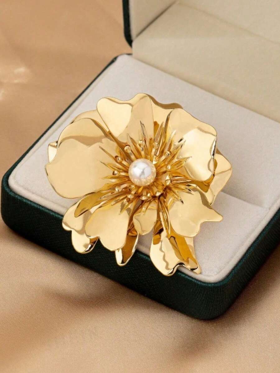 1pc Elegant Fashion Sexy Metal Flower Brooch With Faux Pearl Center ...