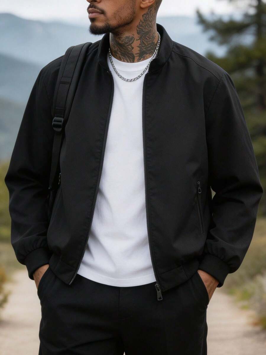 Men's Solid Black Minimalist Stand Collar Jacket, Functional For ...