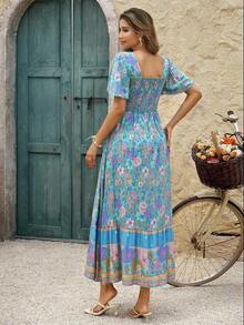PoPoHouse Women's Elegant Printed Square Neck Flare Sleeve Dress ...
