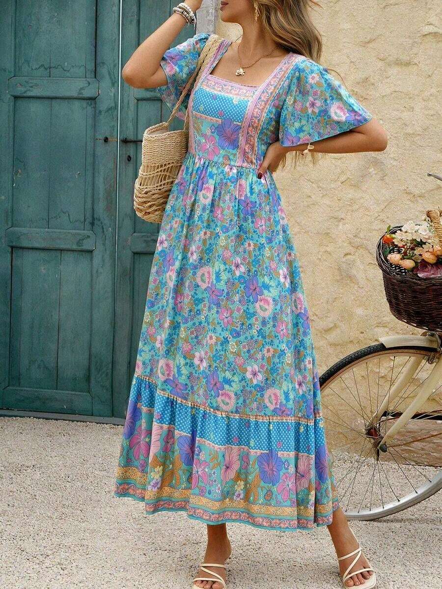 PoPoHouse Women's Elegant Printed Square Neck Flare Sleeve Dress ...