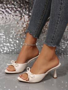 Bow Decor Square Toe Strap Mule Shoes, Stiletto Heel Backless Slip-On ...